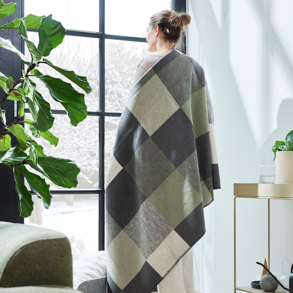 IBENA - The 'Hamilton' Blanket - Organic Cotton Grey / Green Plaid